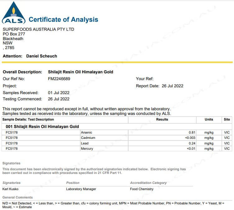 Himalayan Shilajit Test Certificates | Superfoods Australia